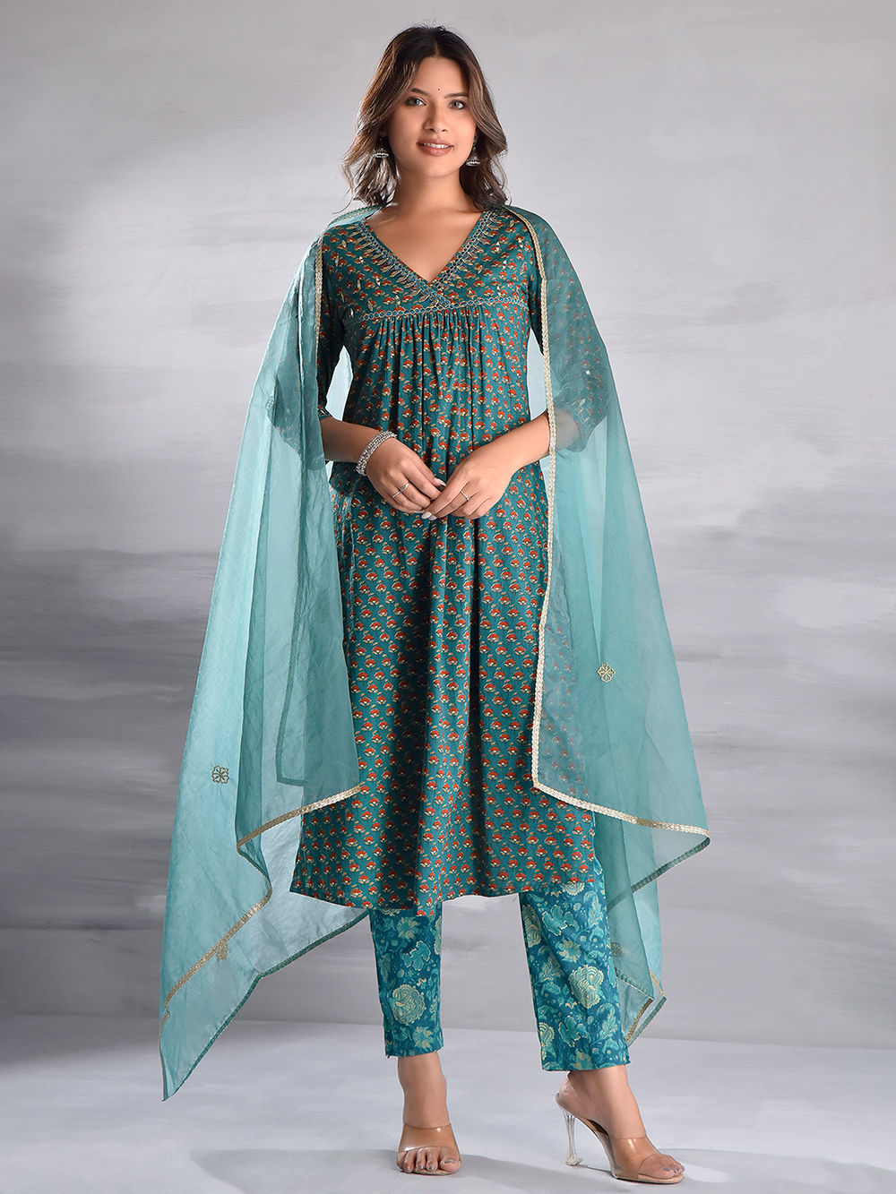 Teal Green Printed Cotton Embroidered Suit- Set of 3