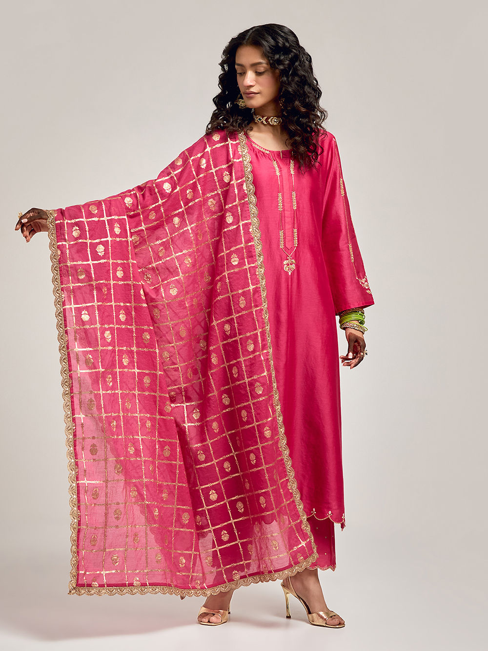 Magenta Zari Work Cotton Chanderi Dupatta