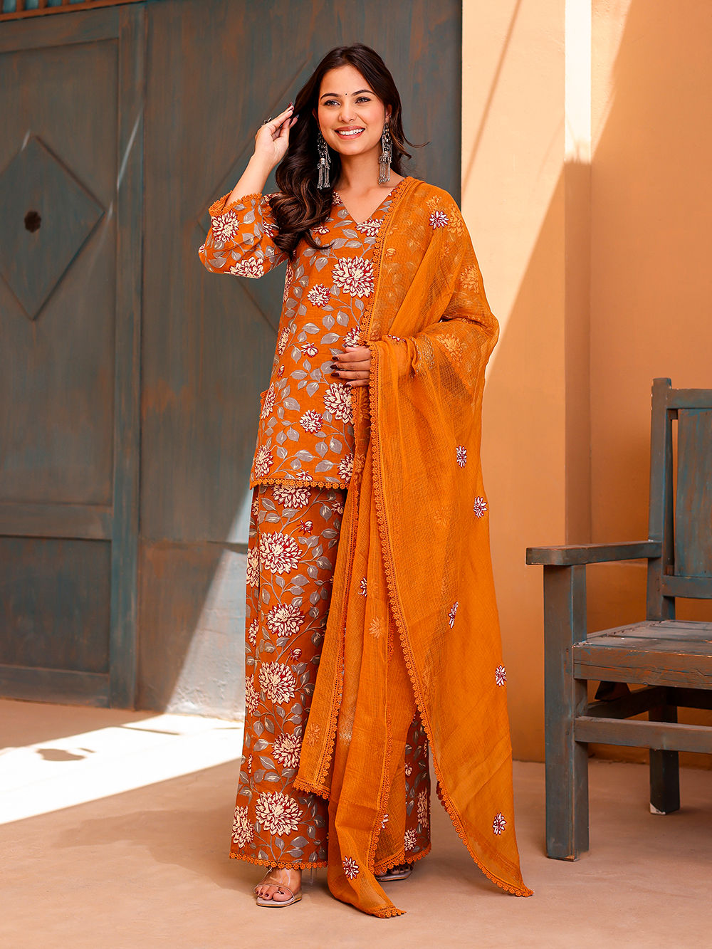 Mustard Yellow Hand Block Printed Organic Cotton Suit - Set of 3