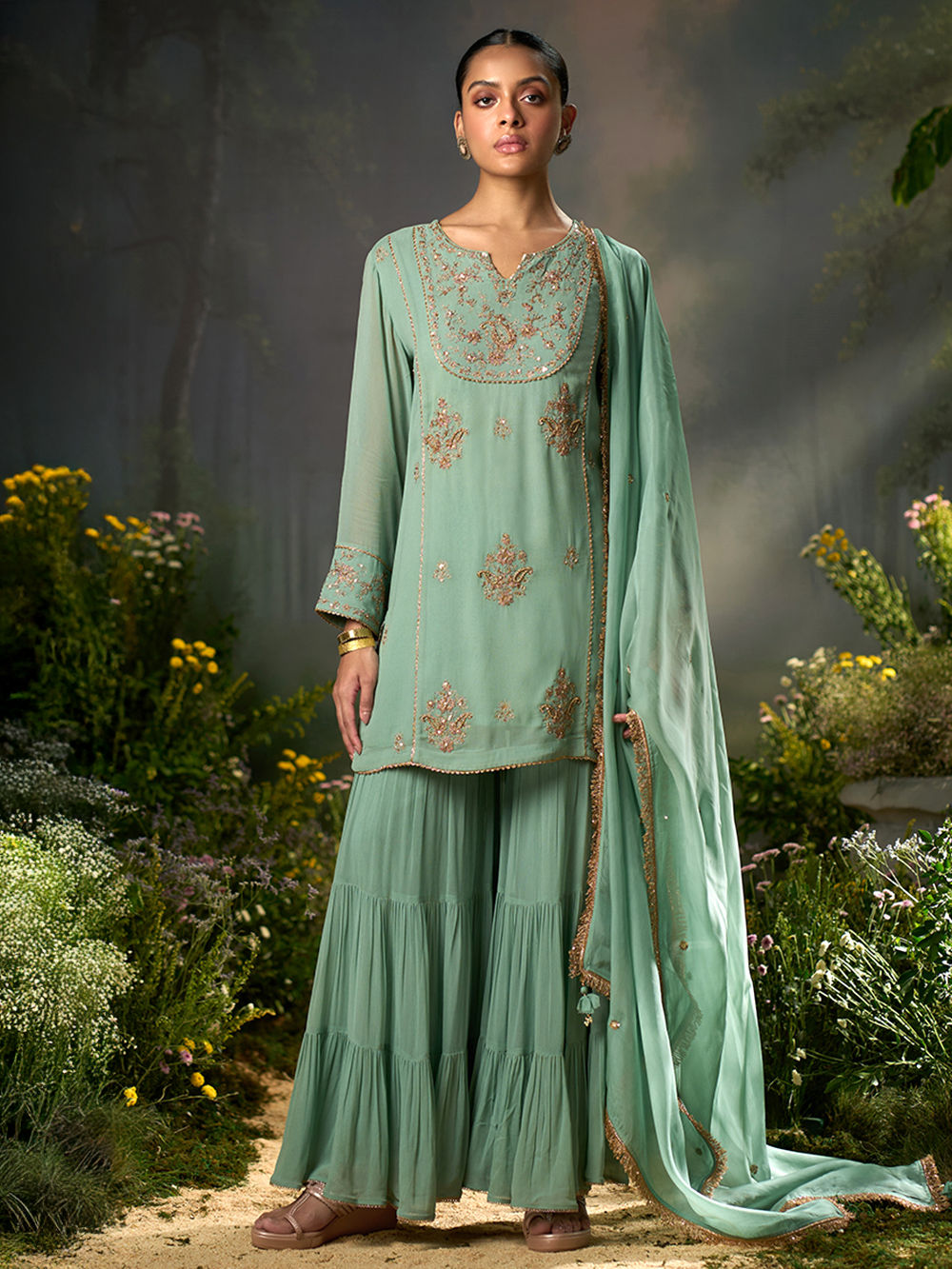 Green Zari Embroidered Georgette Suit- Set of 3
