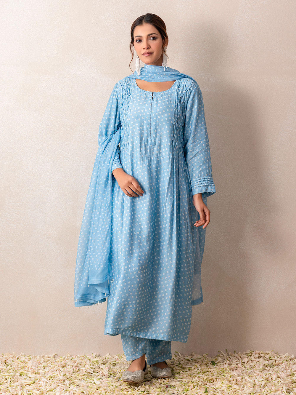 Pastel Blue Bandhani Printed Cotton Silk Suit- Set of 3