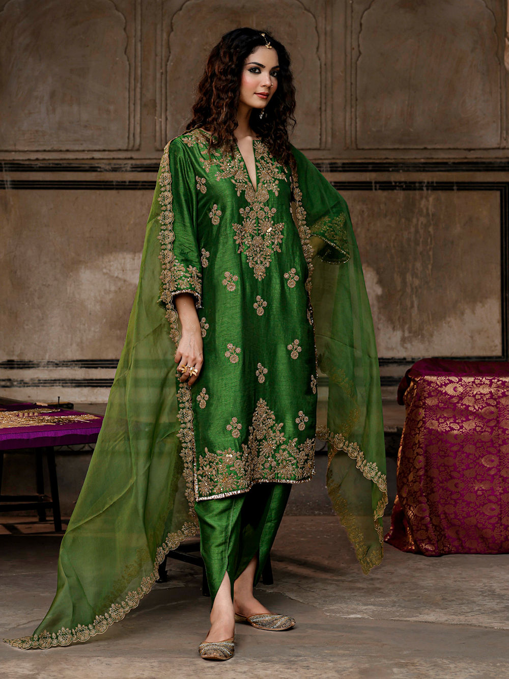 Green Hand Embroidered Raw Silk Suit- Set of 3