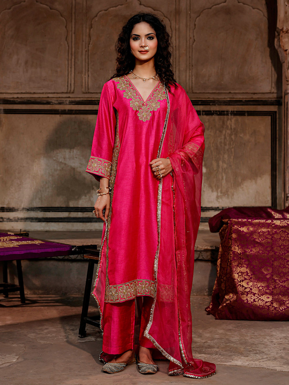 Pink Dori Embroidered Raw Silk Suit- Set of 3