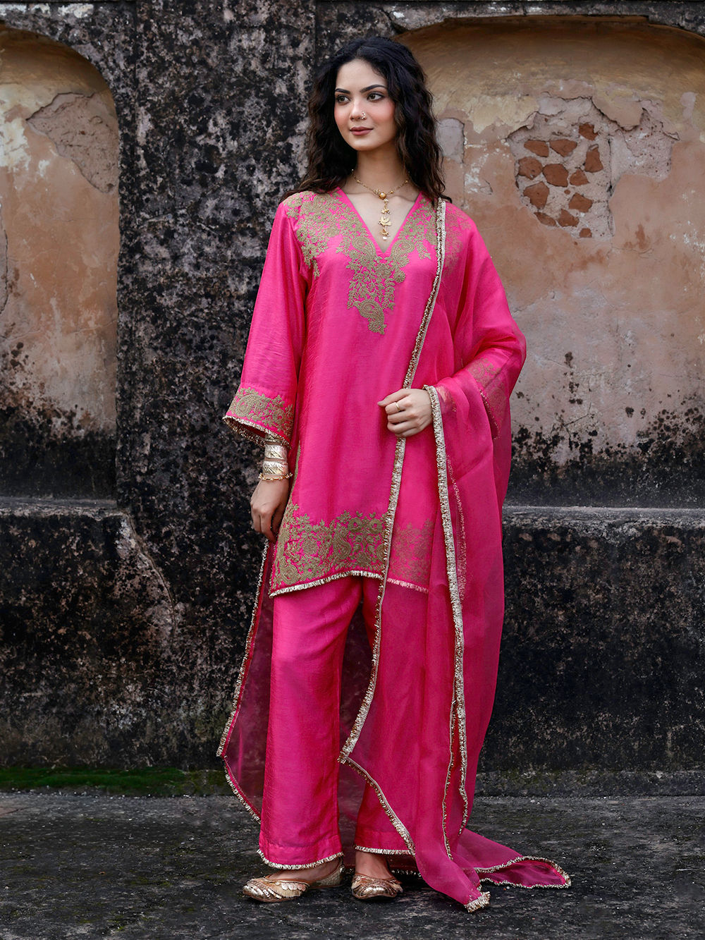 Pink Dori Embroidered Raw Silk Suit- Set of 3