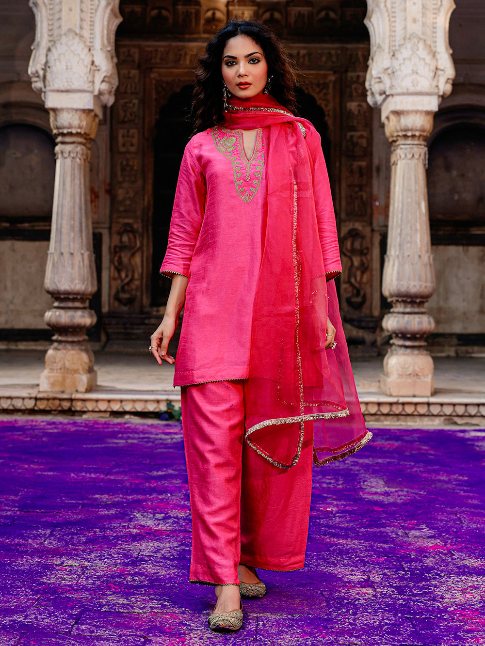 Pink Dori Embroidered Raw Silk Suit- Set of 3