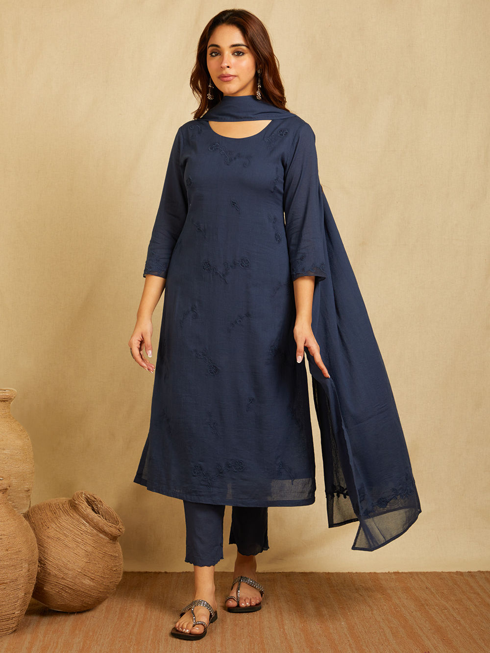 Navy Blue Applique Embroidered Cotton Suit- Set of 3
