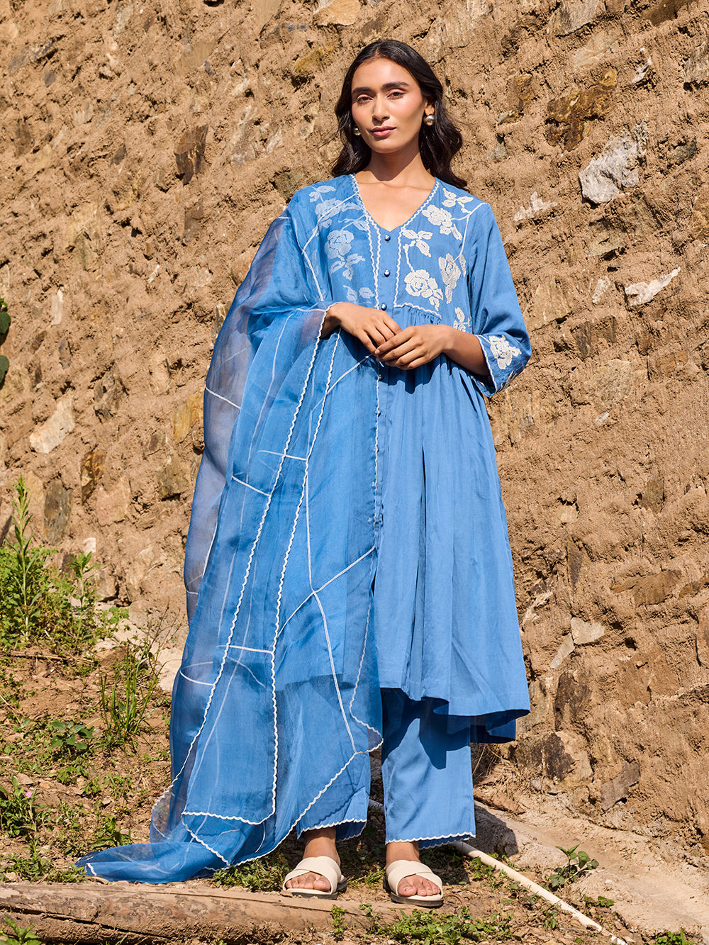 Blue Hand Emboidred Organza Dupatta