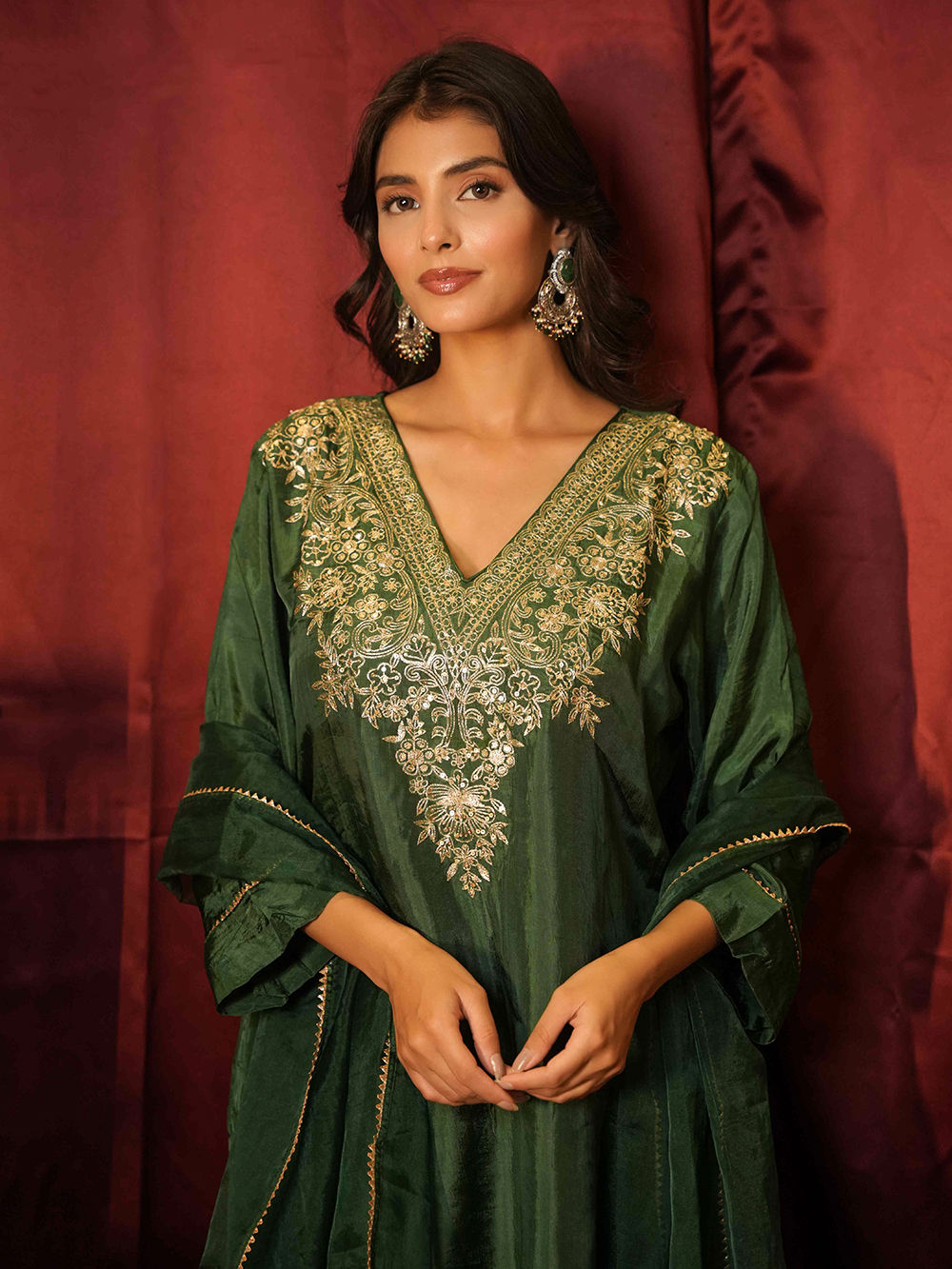 Green Pittan Work Chanderi Suit - Set of 3