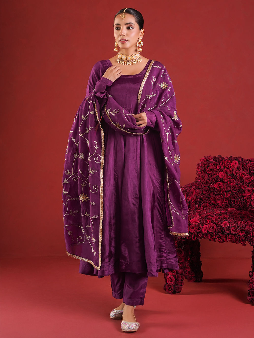 Purple Embroidered Silk Suit- Set of 3