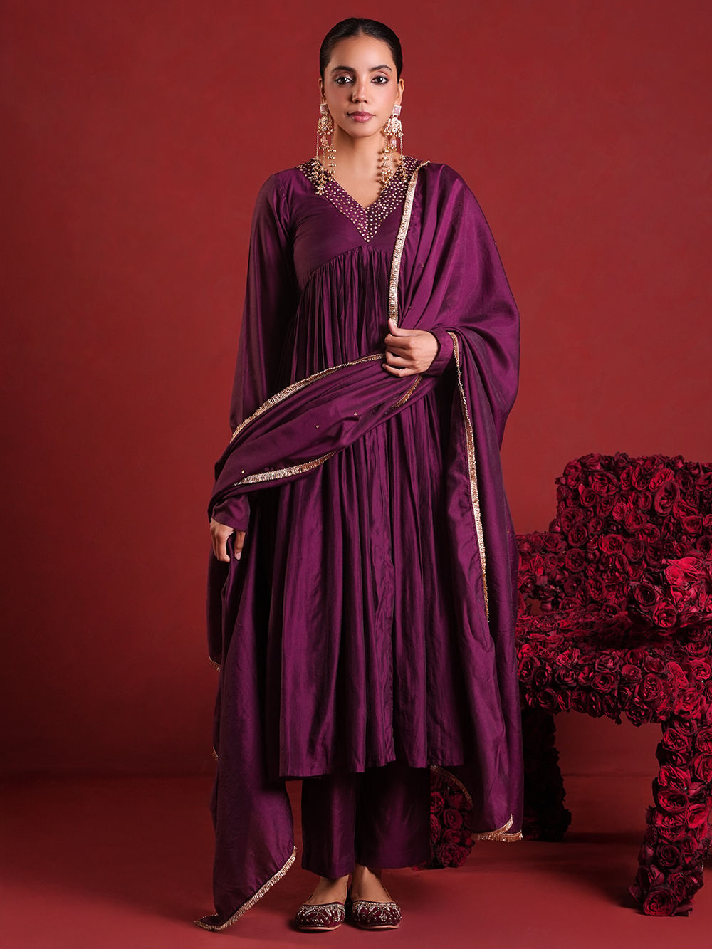Purple Hand Embridered Chanderi Suit- Set of 3
