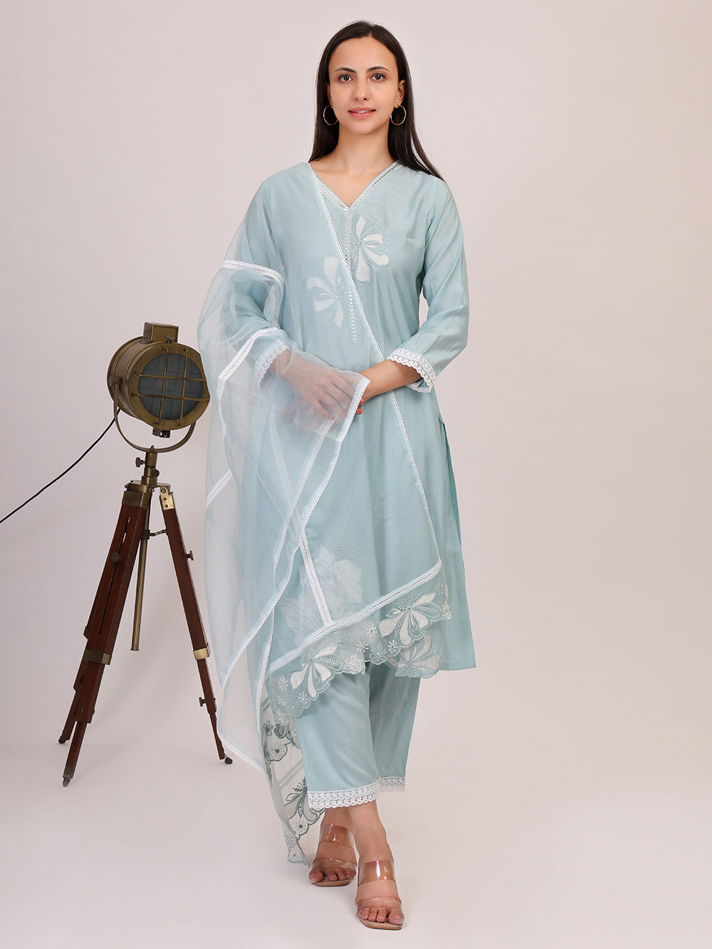 Aqua Blue Embroidered Cotton Suit- Set of 3