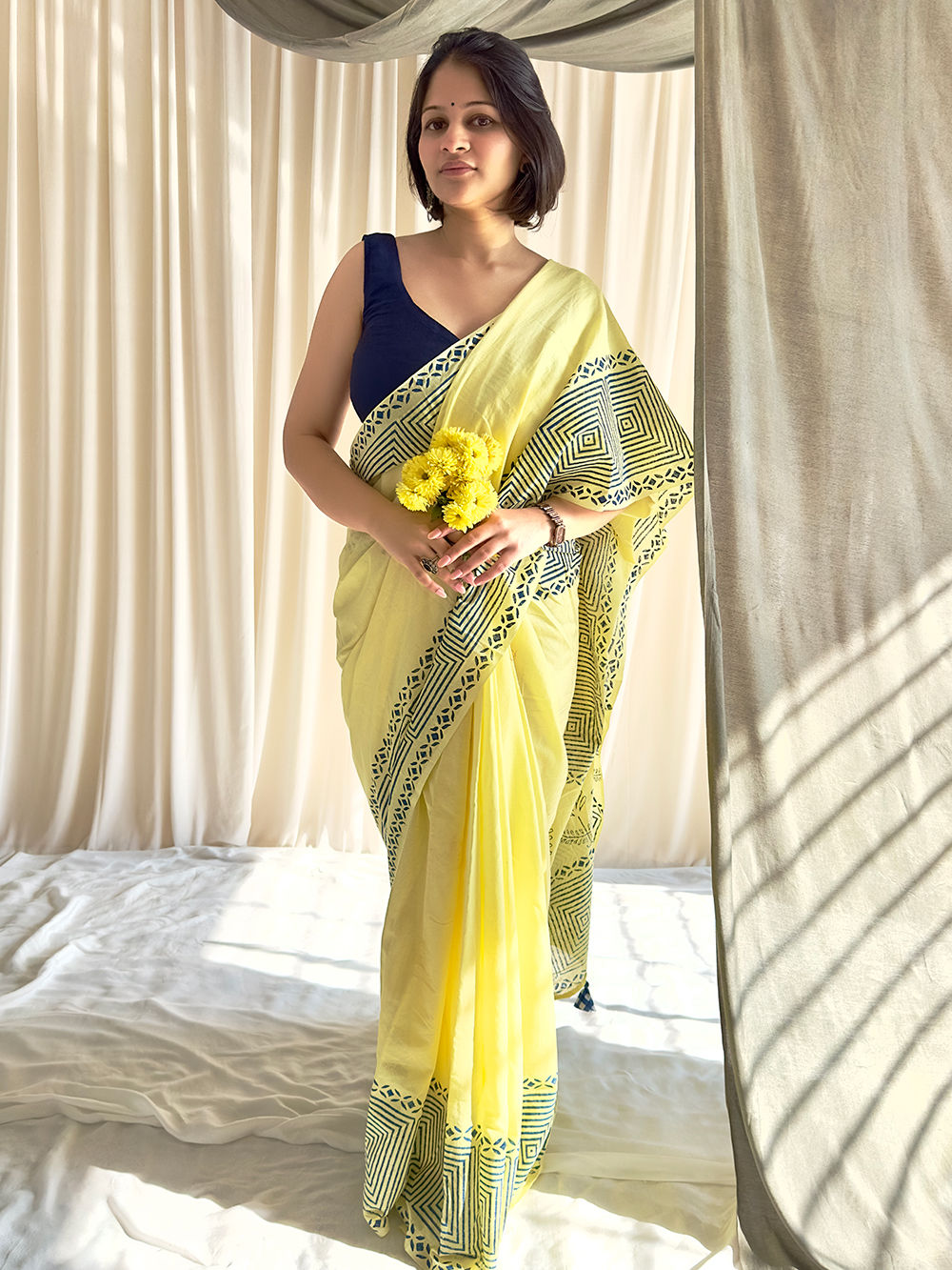 Yellow Hand Block Printed Cotton Mulmul Saree