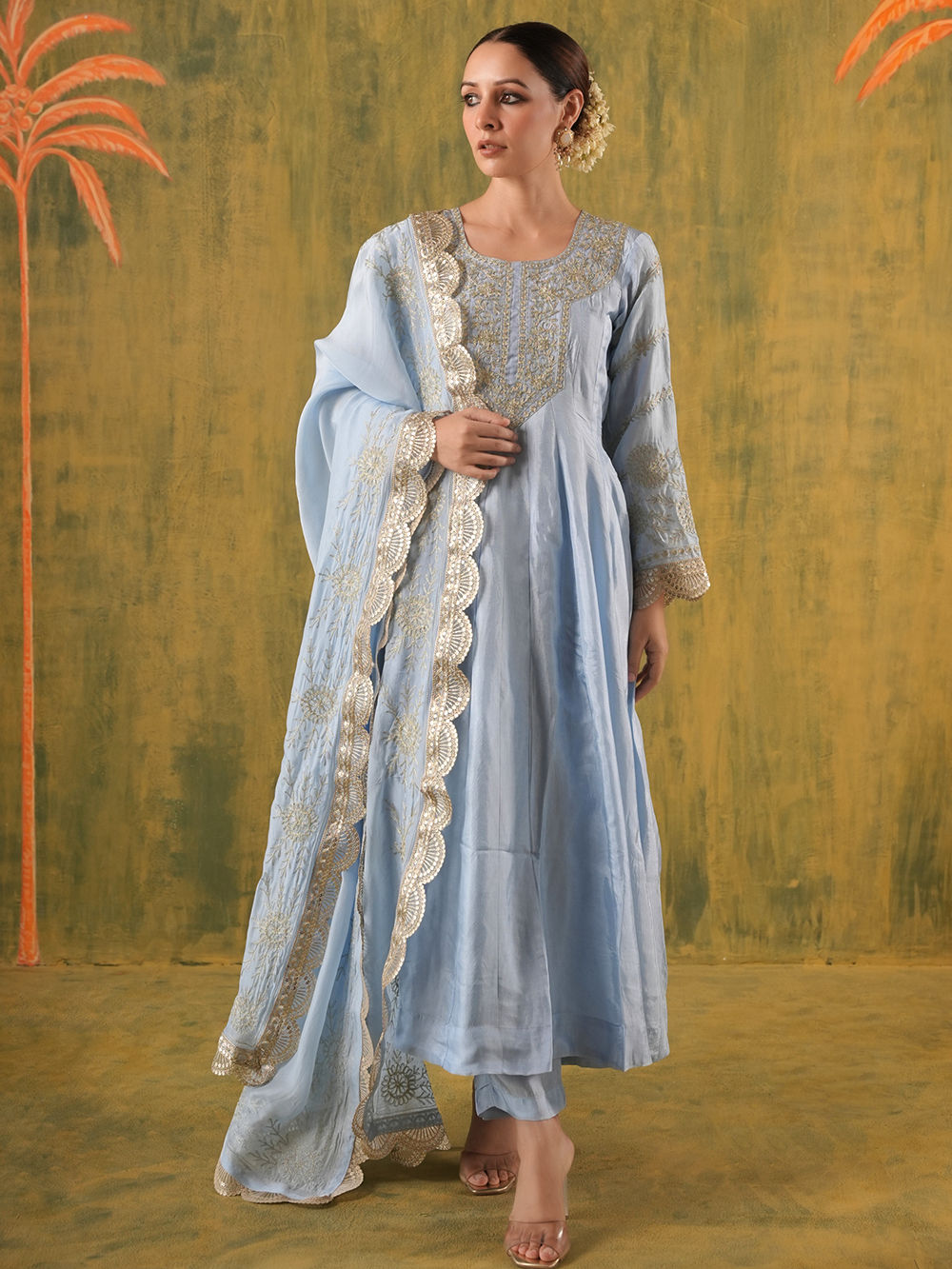 Blue Embroidered Silk Suit - Set of 3