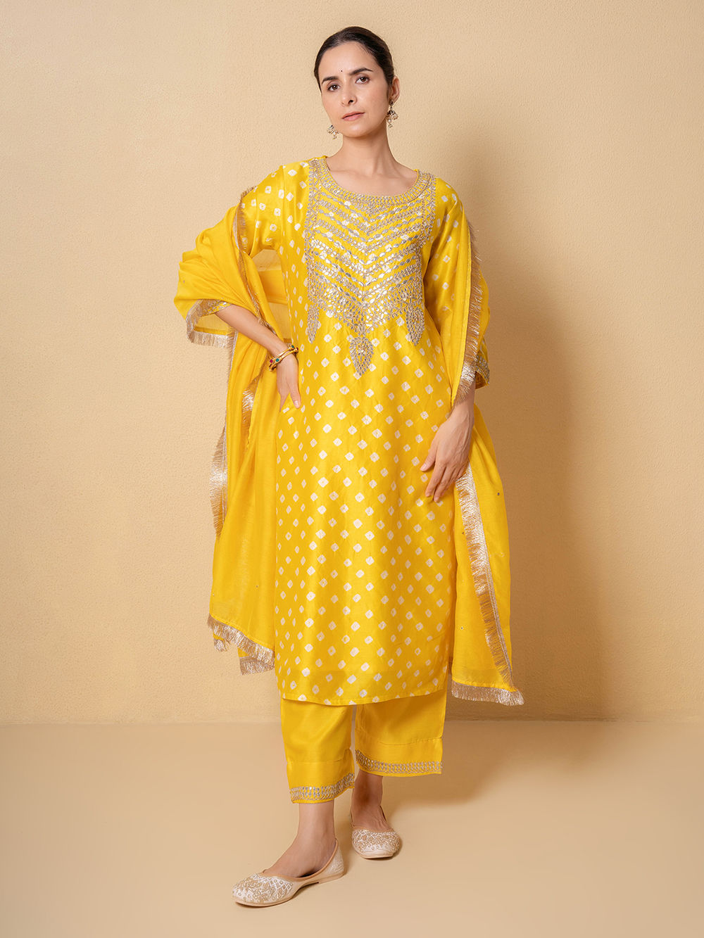 Yellow Gota Patti Embroidered Chanderi Printed Suit - Set of 3