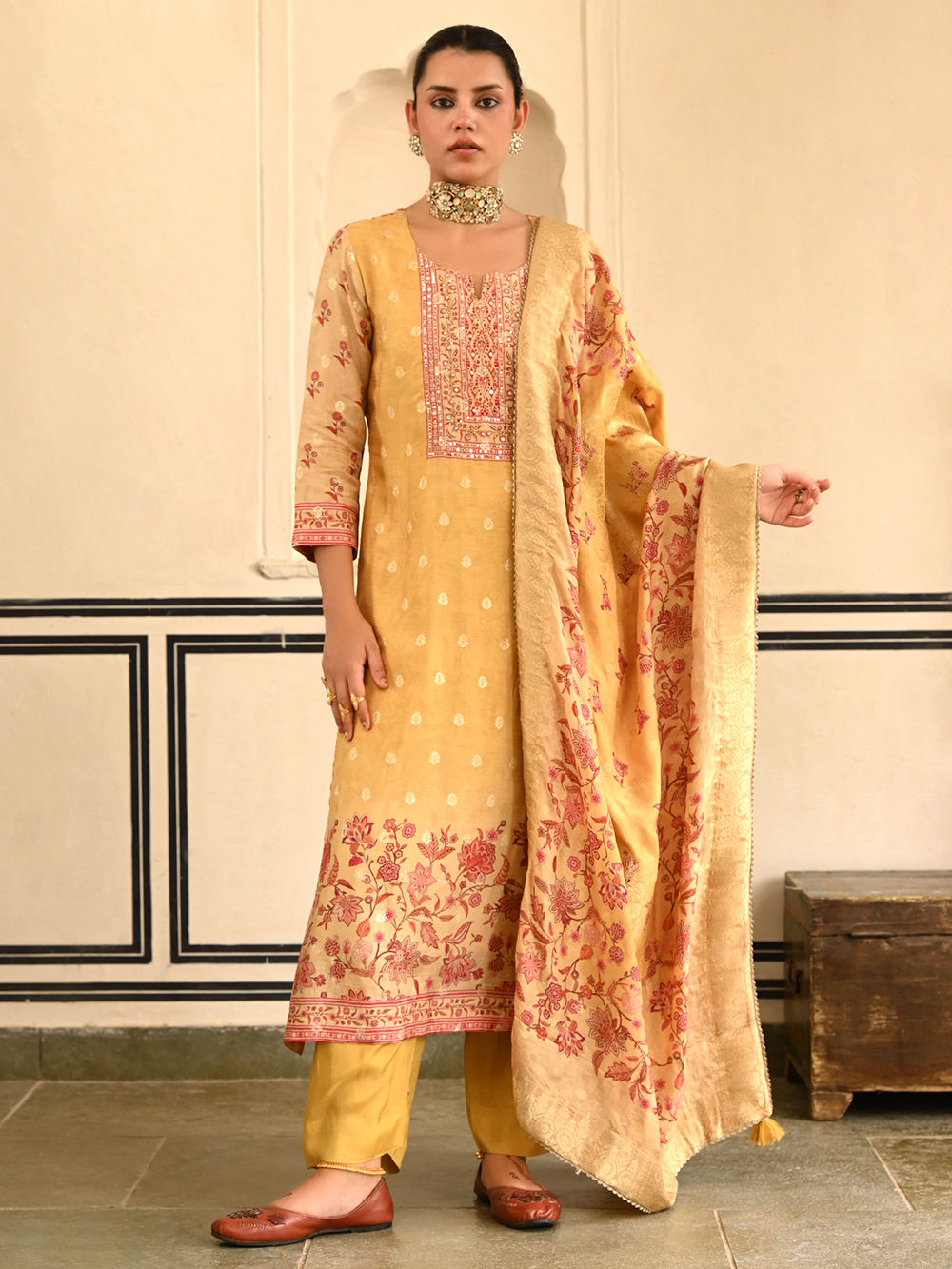 Yellow Hand Embroidered Jacquard Silk Suit - Set of 3