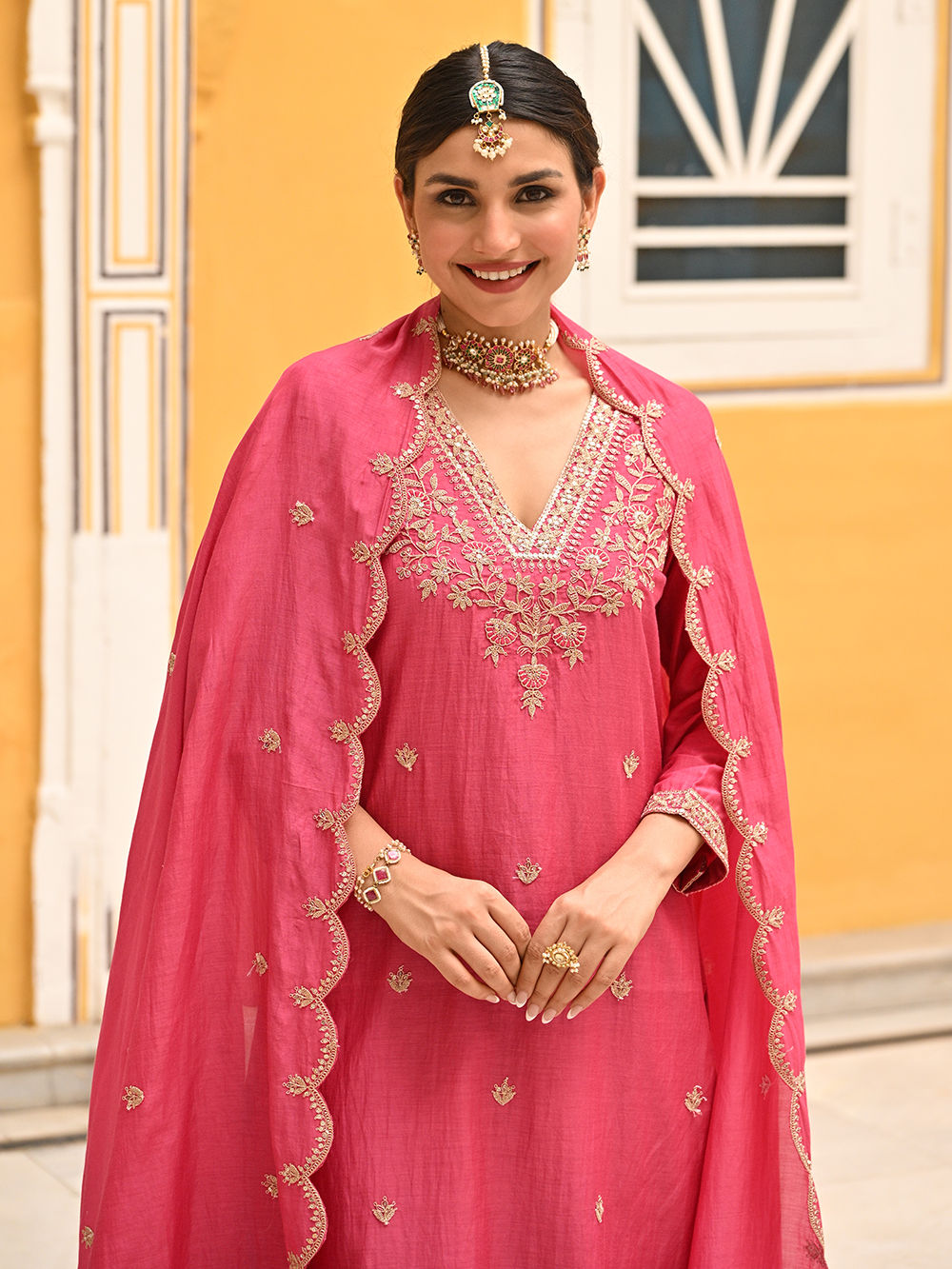Pink Embroidered Chanderi Suit - Set of 3