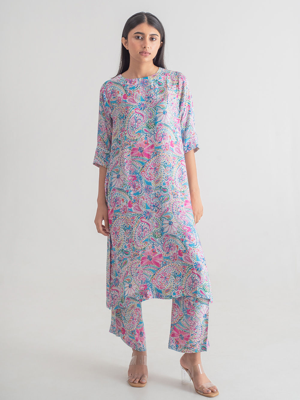 Multicolor Printed Modal Silk Kurta with Pants- Set of 2