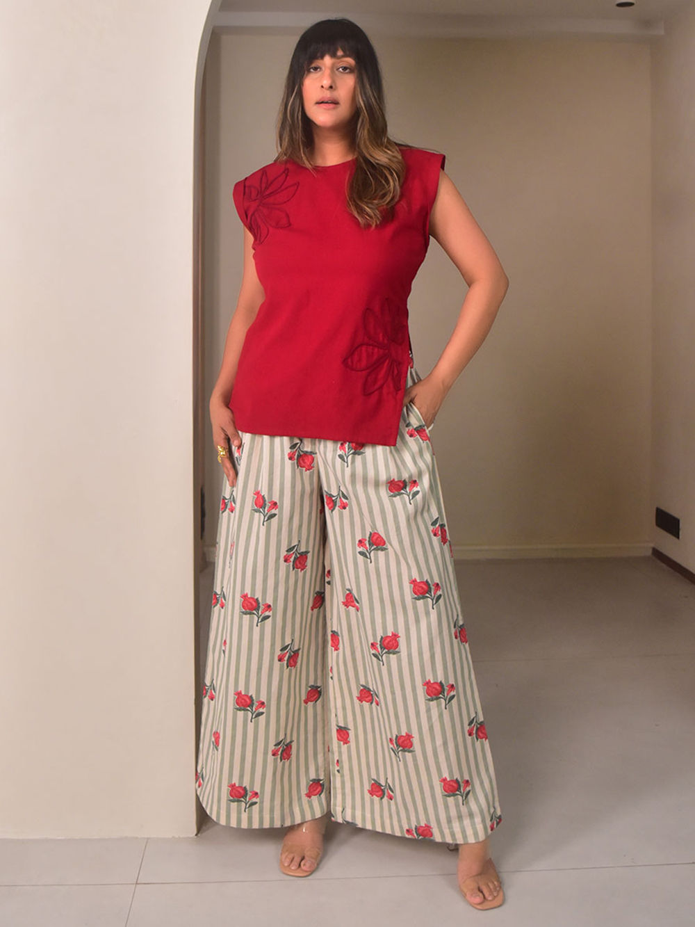 Red Patch Work Cotton Co-ord Set- Set of 2