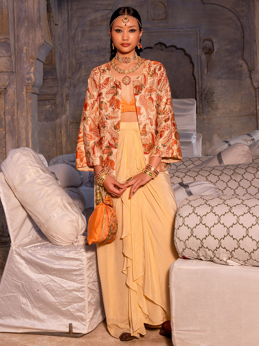 Ivory Printed Chanderi Hand Work Suit- Set of 3