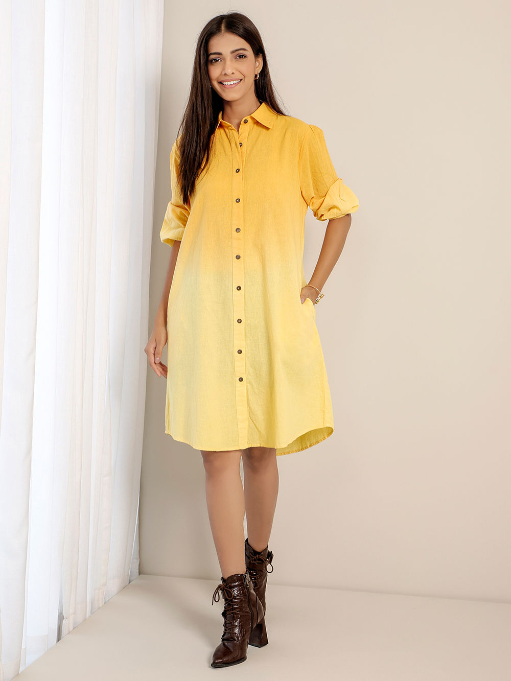Yellow Ombre Dyed Organic Cotton Linen Dress