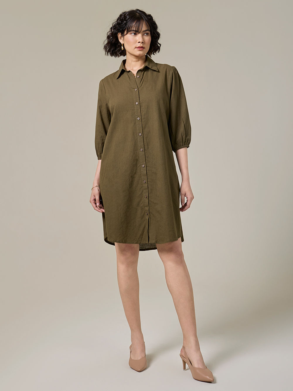 Olive Green Cotton Linen Dress