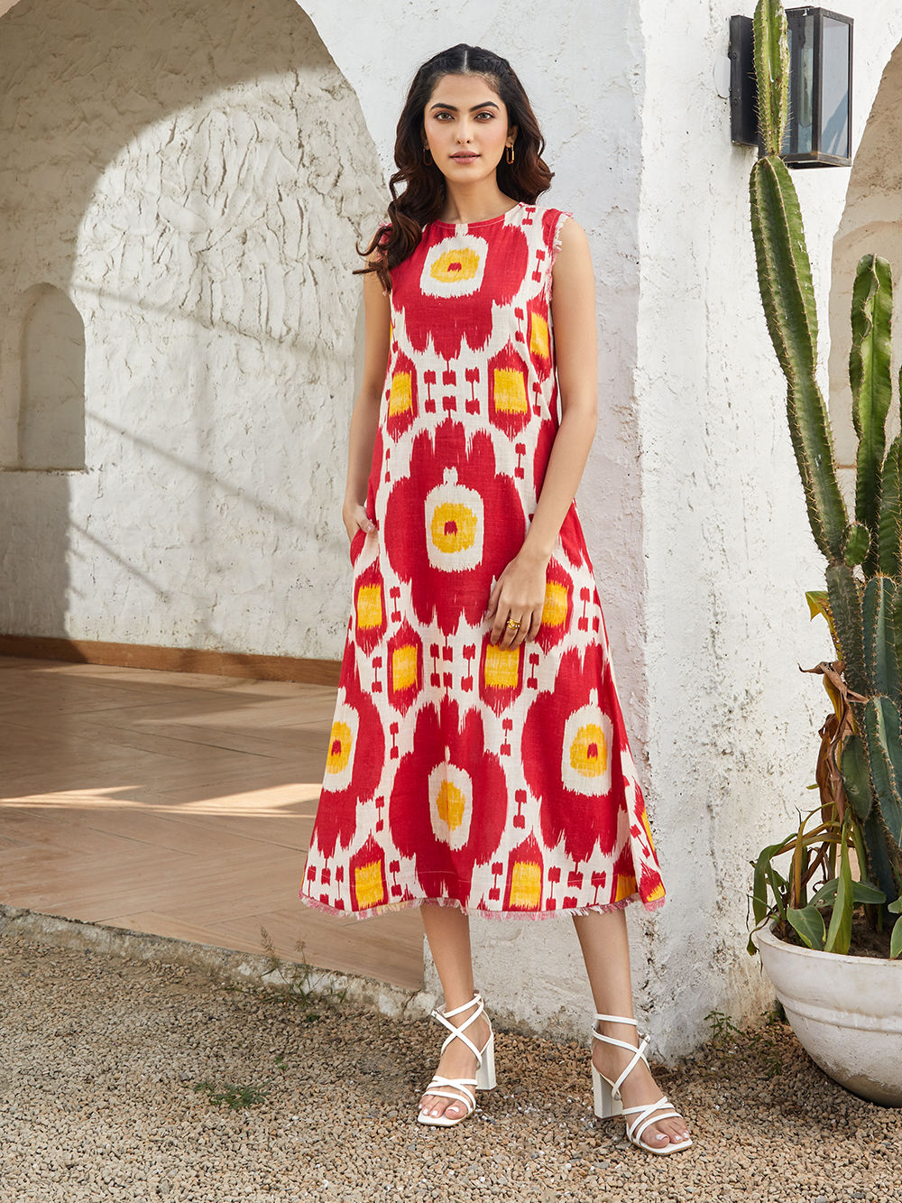 Red Printed Cotton Slub Dress