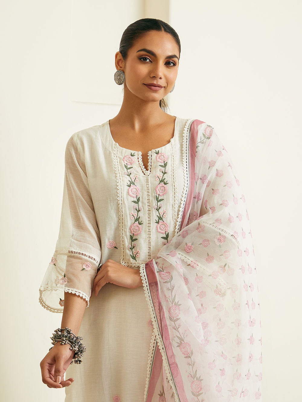 Ivory Embroidered Chanderi Kurta with Pants- Set of 2