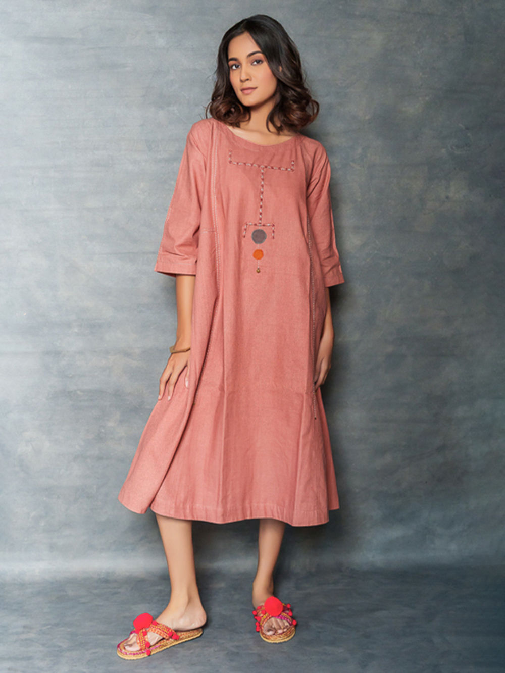 Pink Hand Applique Work Cotton Dress