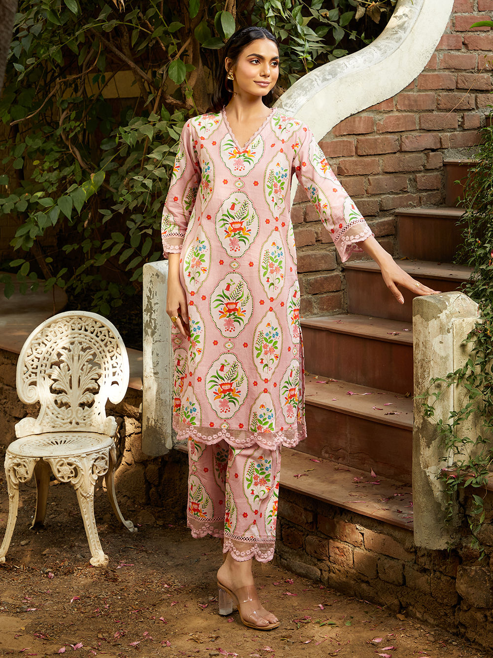 Powder Pink Printed Cotton Kurta with Pants- Set of 2