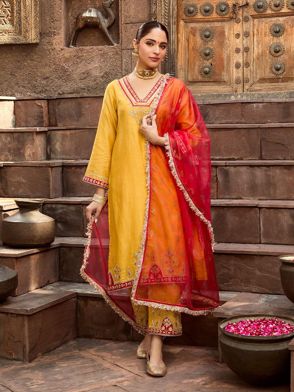 Red Hand Block Printed Organza Dupatta
