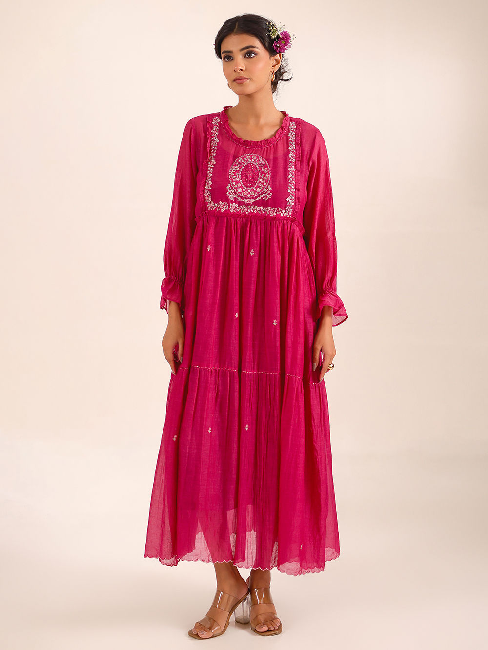 Pink Embroidered Chanderi Dress with Slip