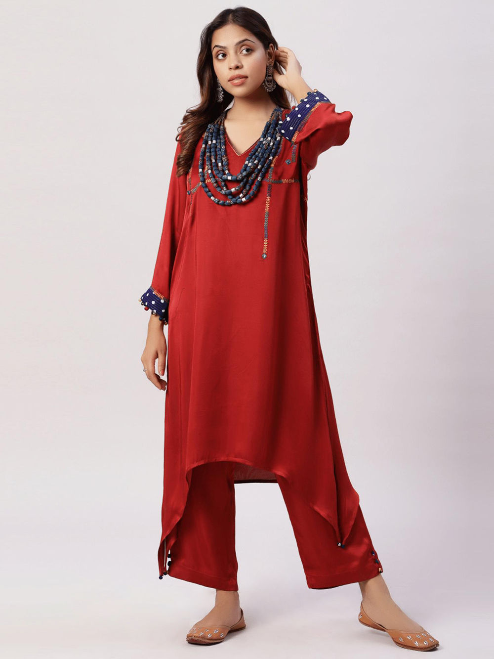 Maroon Embroidered Modal Silk Kurta with Pants- Set of 2