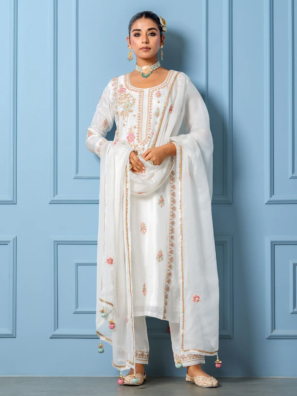 White Hand Embroidered Silk Suit - Set of 3