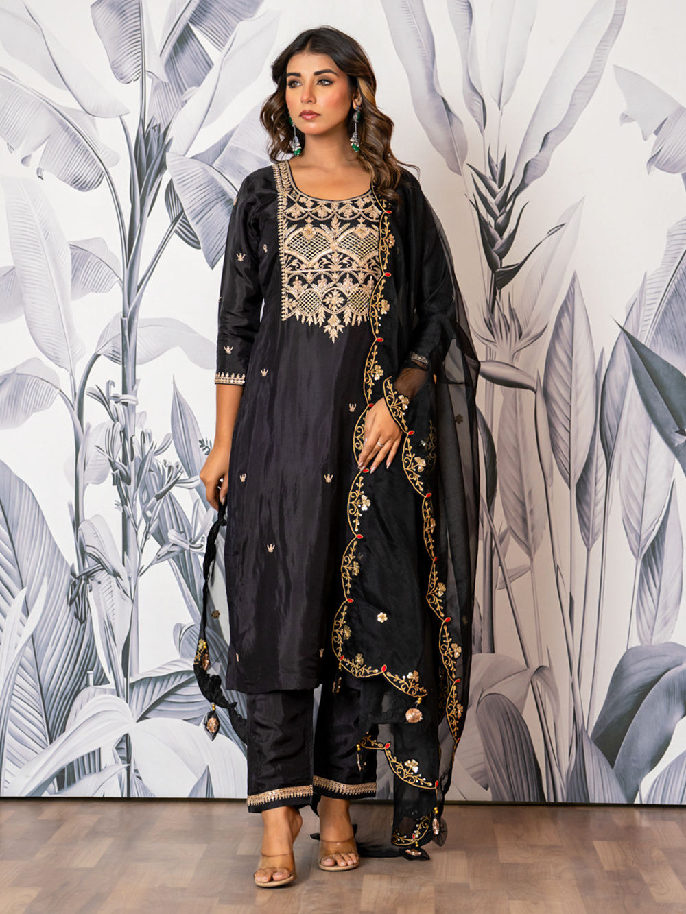 Black Hand Embroidered Silk Suit - Set of 3
