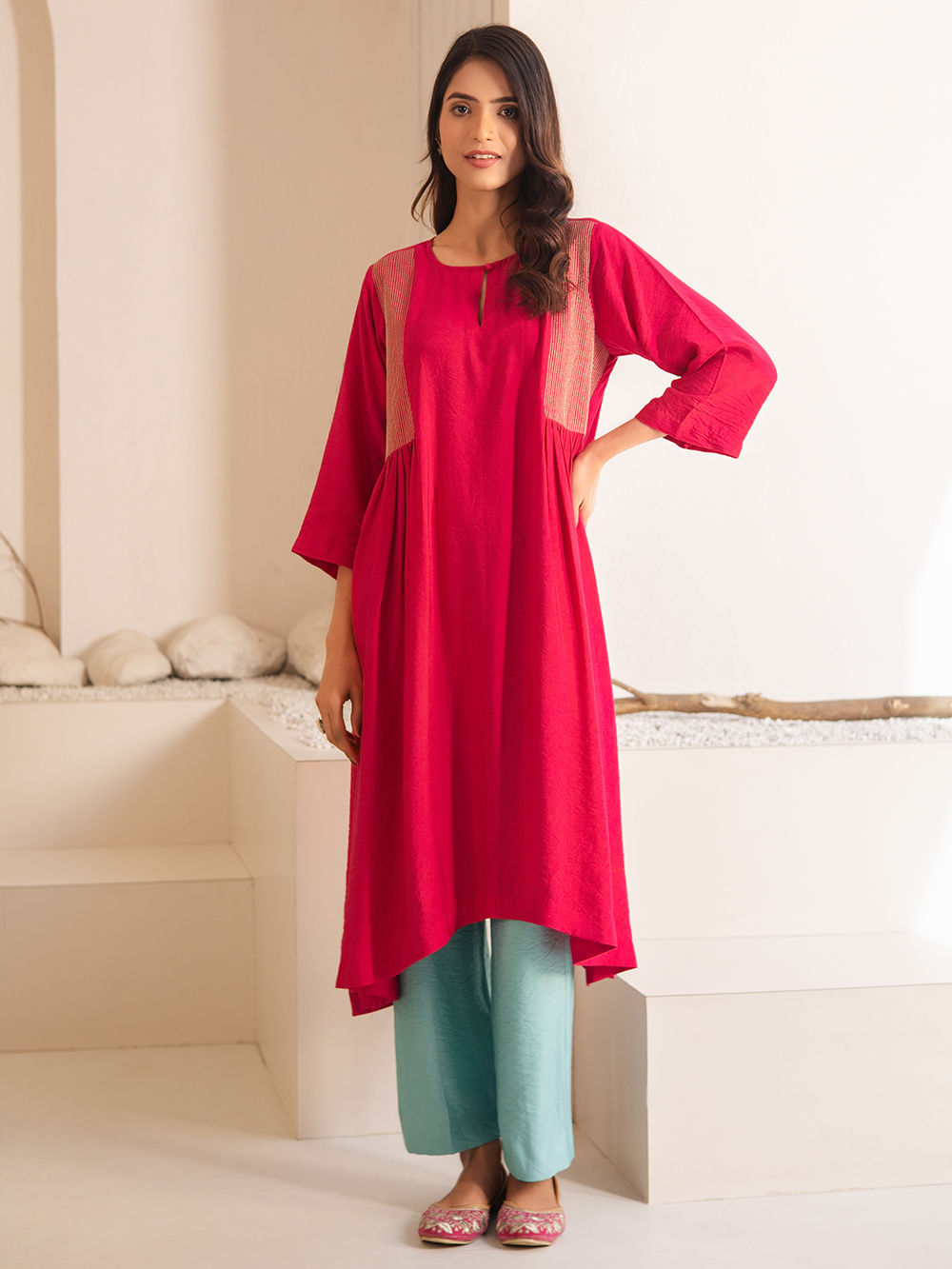 Light Pink Pintuck Cotton Silk Kurta with Pants - Set of 2