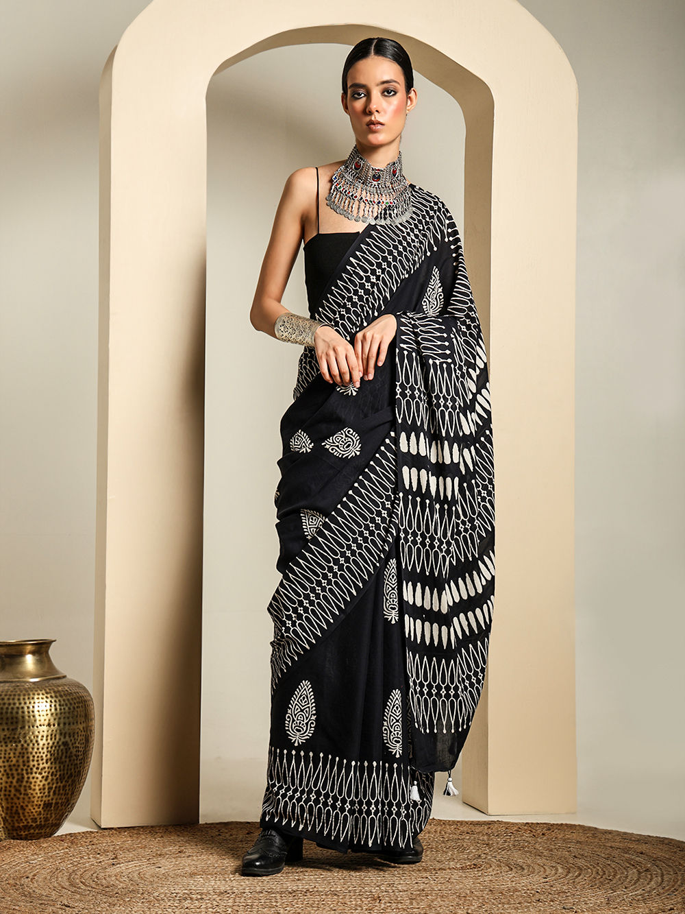 Black Hand Block Printed Cotton Mulmul Saree