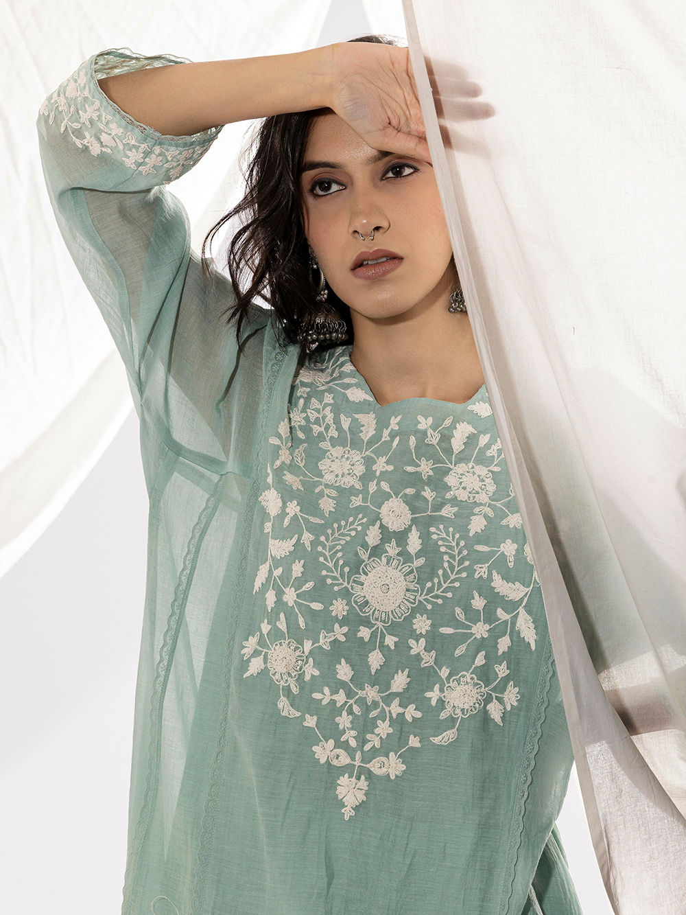 Peach Polka Dot Printed Chanderi Mul Embroidered Kurta