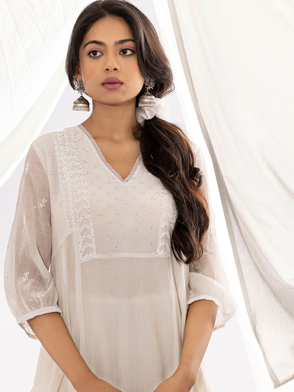 Peach Polka Dot Printed Chanderi Mul Embroidered Kurta