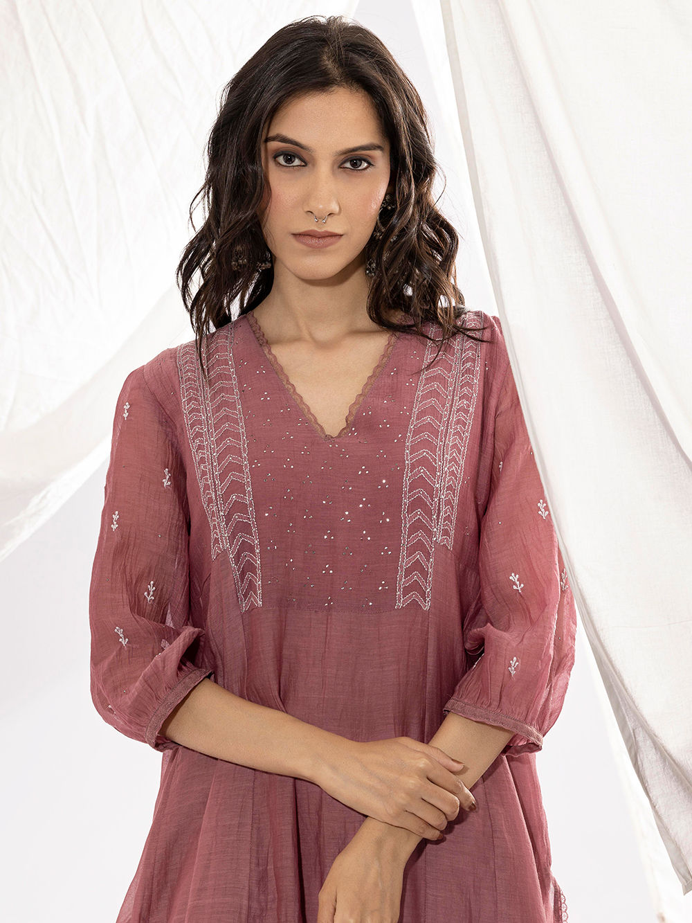 Peach Polka Dot Printed Chanderi Mul Embroidered Kurta