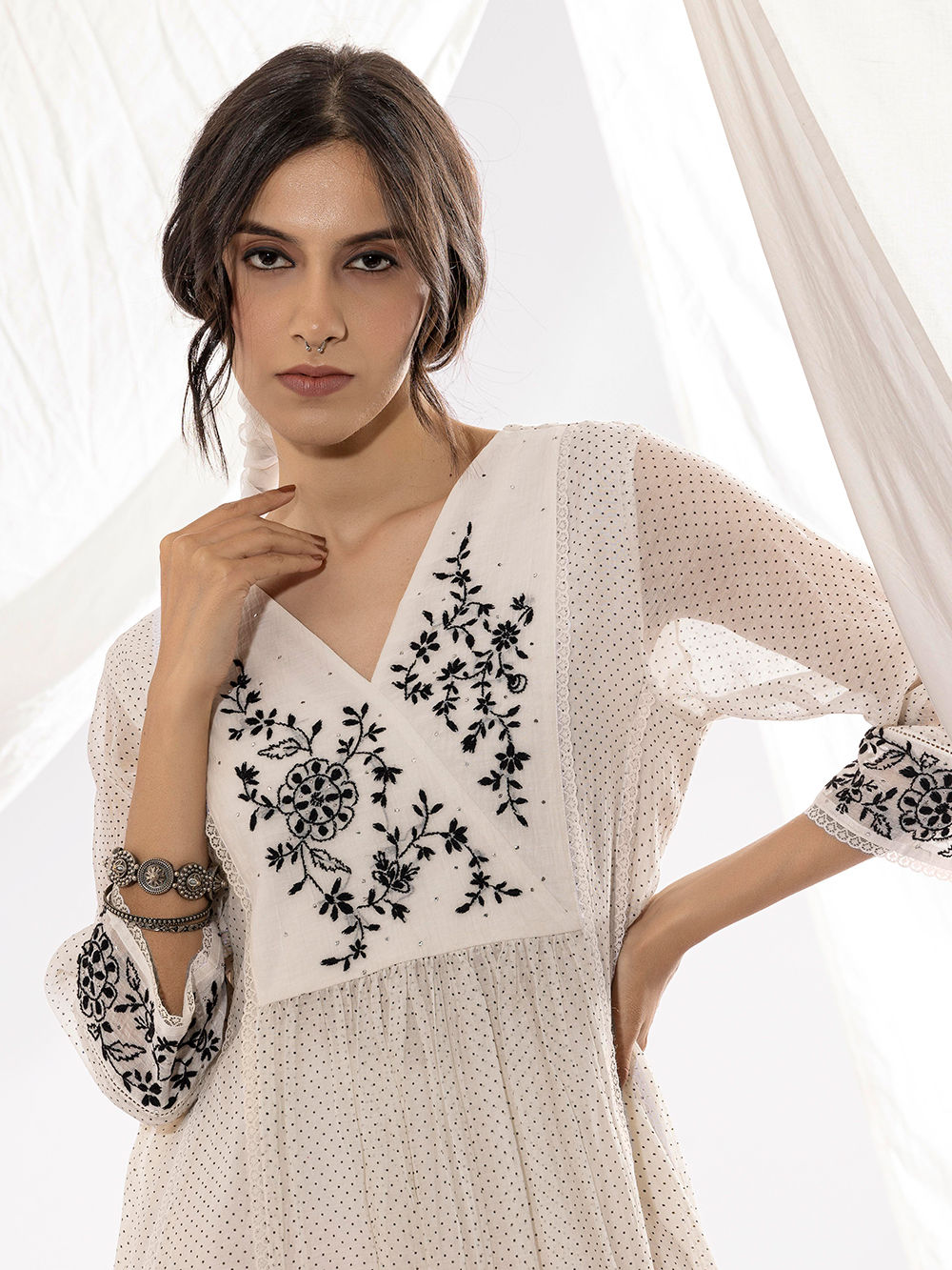 Peach Polka Dot Printed Chanderi Mul Embroidered Kurta