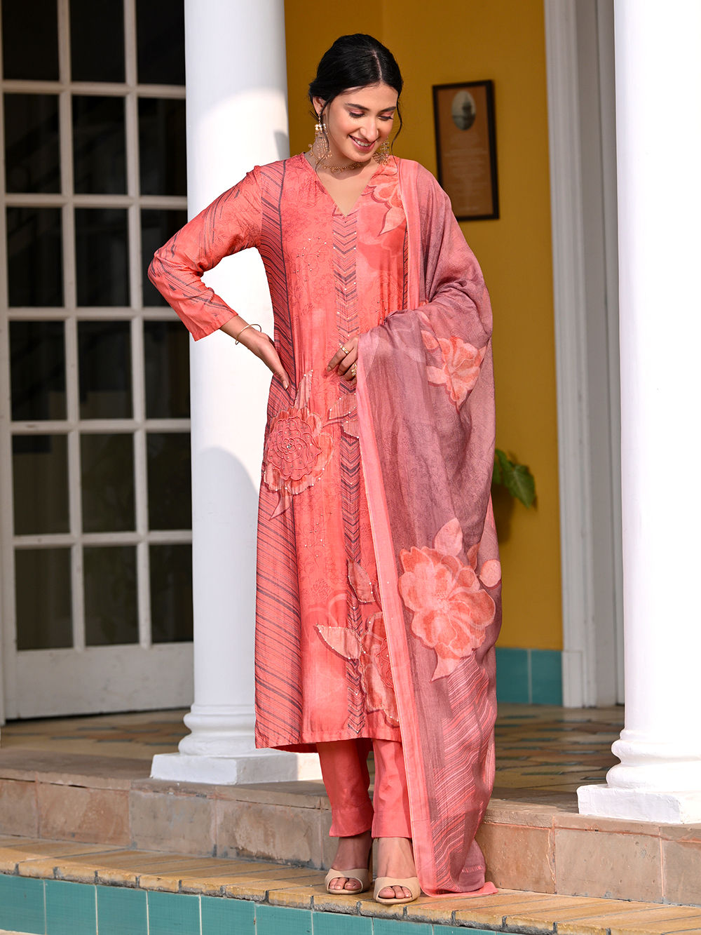 Yellow Lace Work Chanderi Suit- Set of 3