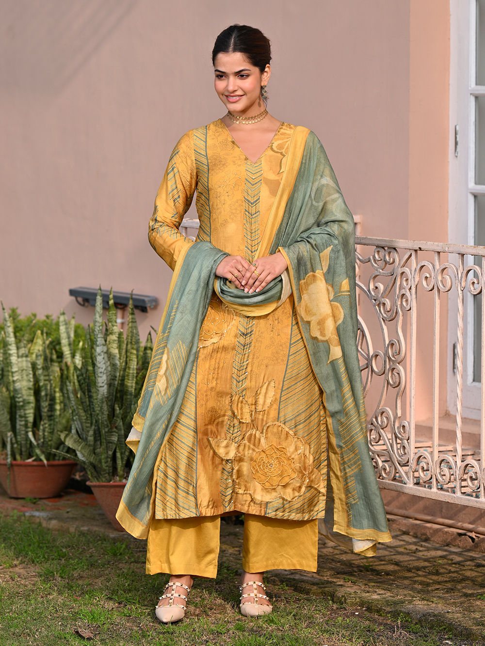 Yellow Lace Work Chanderi Suit- Set of 3