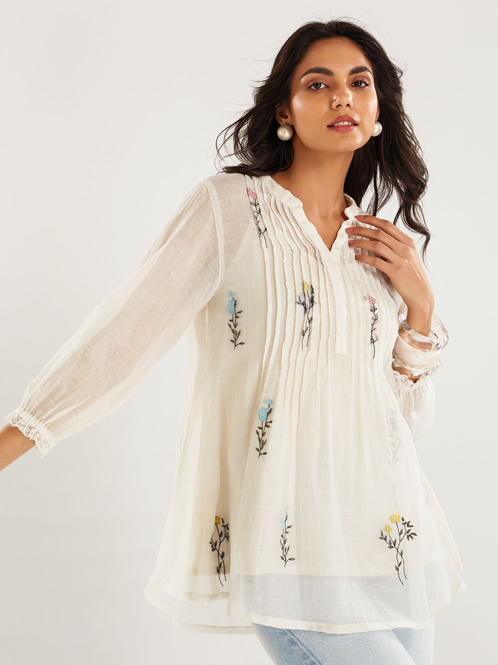 Ivory Embroidered Chanderi Kurta with Farshi Salwar- Set of 2