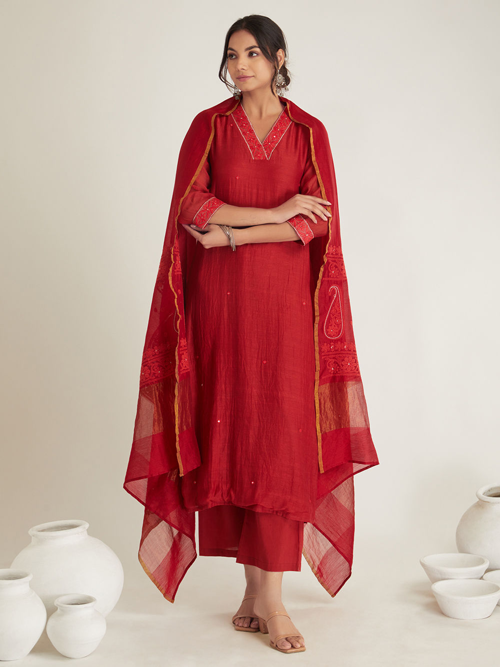 Mustard Yellow Embroidered Chanderi Suit Set - Set of 3