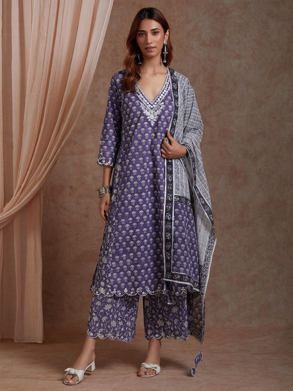 Purple Hand Block Printed Cotton Embroidered Kurta with Palazzo- Set of 2