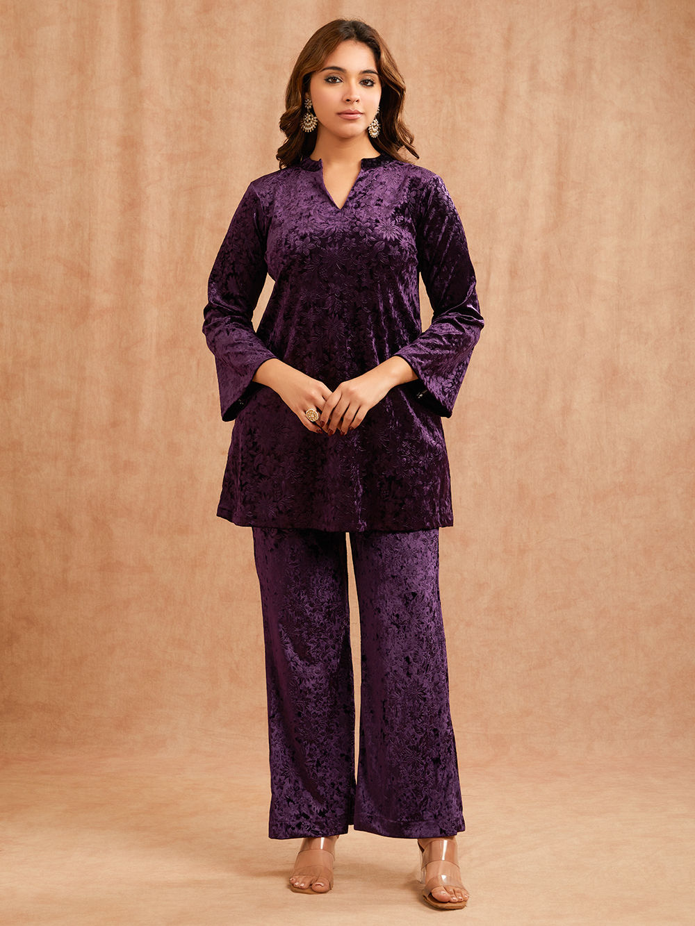 Purple Hand Embroidered Velvet Suit- Set of 3