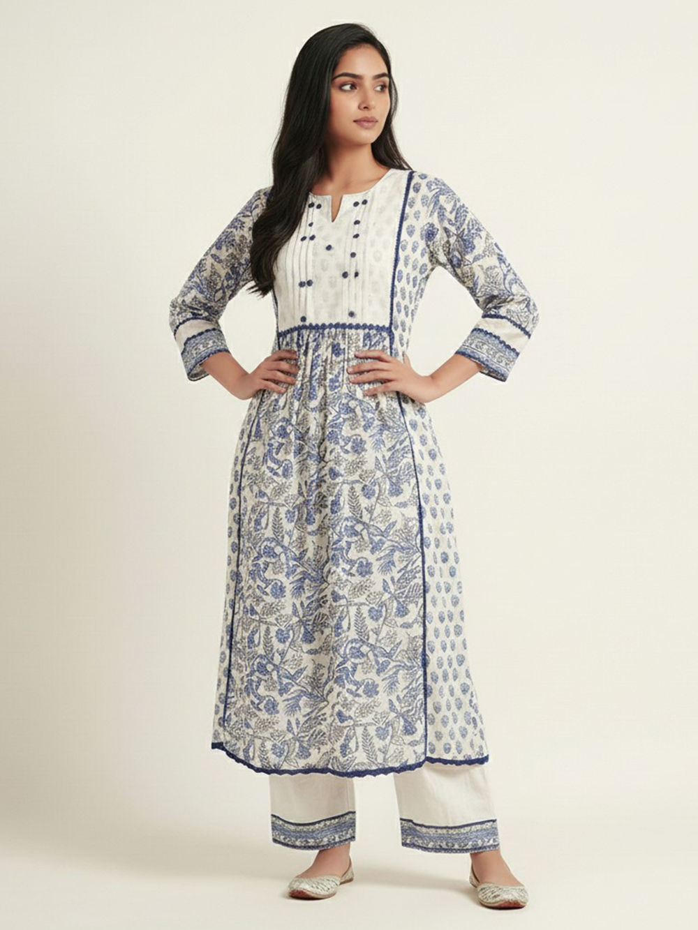 Red Hand Block Printed Muslin Kurta with Pants- Set of 2