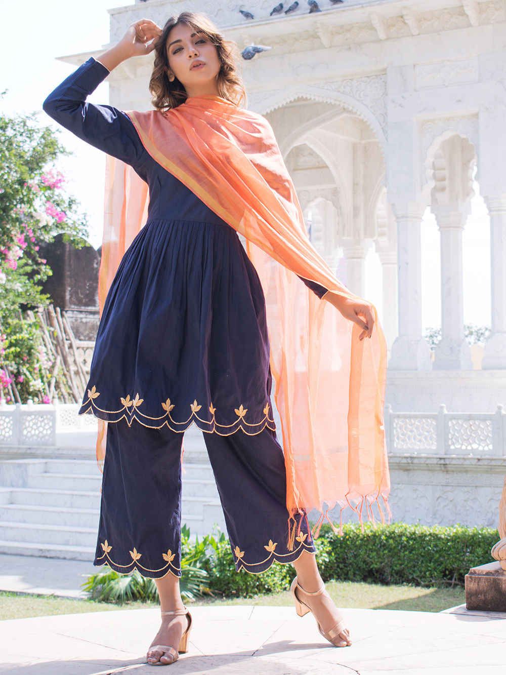 Navy Blue Printed Chanderi Hand Embroidered Suit - Set of 3