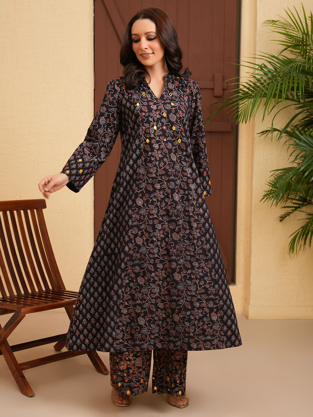 Maroon Ajrakh Hand Block Printed Cotton Kurta with Palazzo - Set of 2