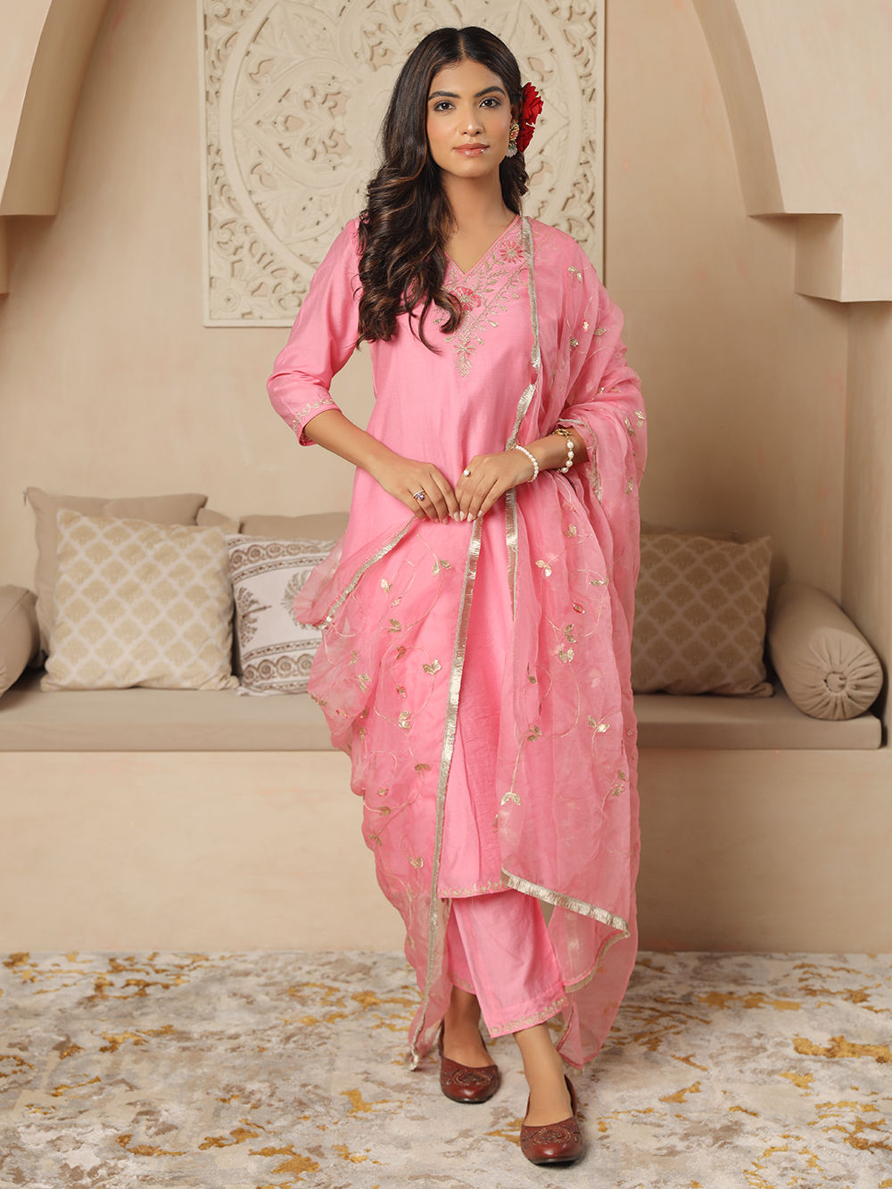 Peach Embroidered Chanderi Suit- Set of 3